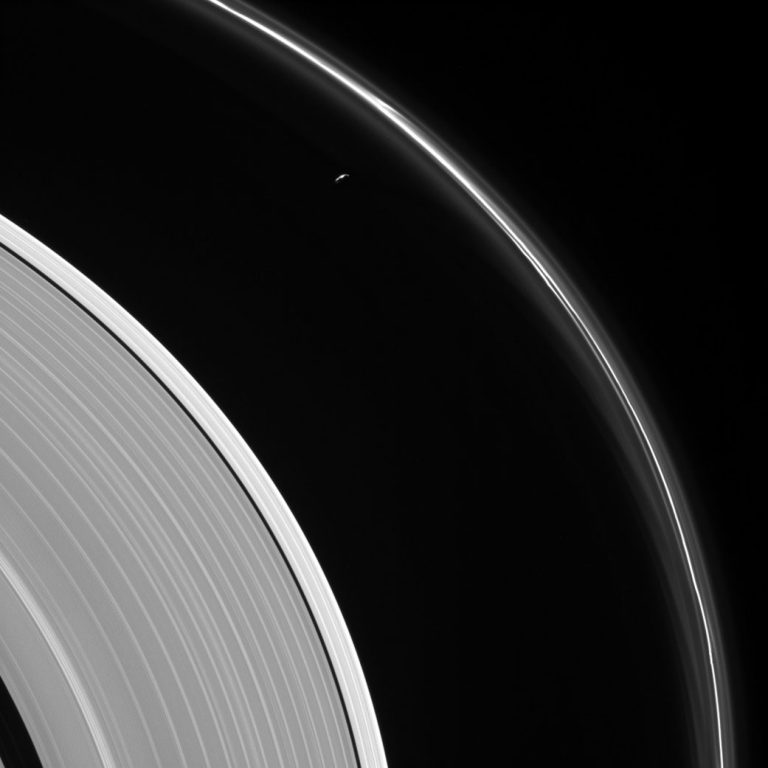 Cassini Spacecraft Views Prometheus and the Ghostly F Ring