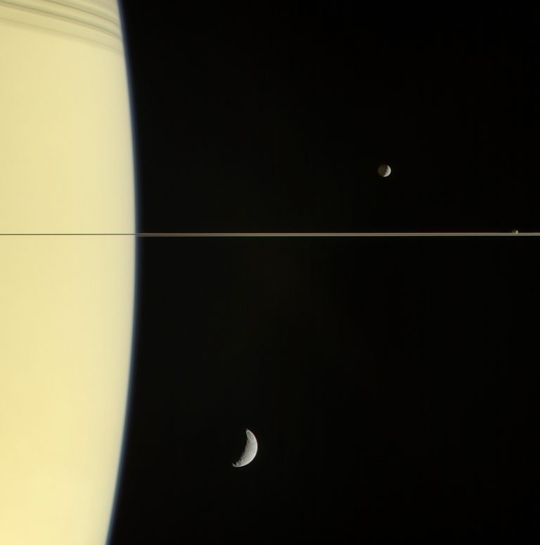 Cassini Image of Saturn's Rings With Mimas, Janus and Tethys